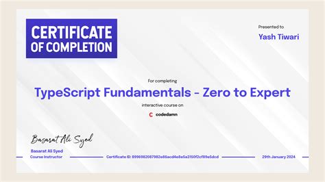 yash tiwari s certification for typescript fundamentals zero to