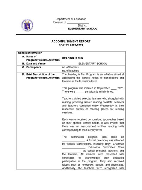 Remedial Reading Accomplishment Report Sample Pdf Literacy Learning