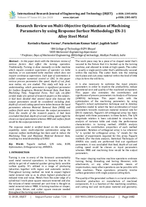 Pdf Irjet Research Review On Multi Objective Optimization Of Machining Parameters By Using