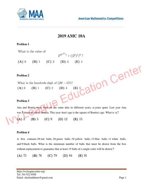 2019 Amc 10a Problems And Answers 1 Pdf Rectangle Sphere