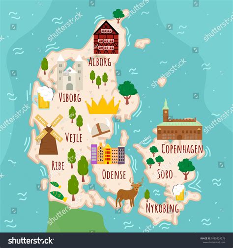 덴마크의 양식화된 지도 여행 삽화가 있는 스톡 벡터로열티 프리 1835824273 Shutterstock