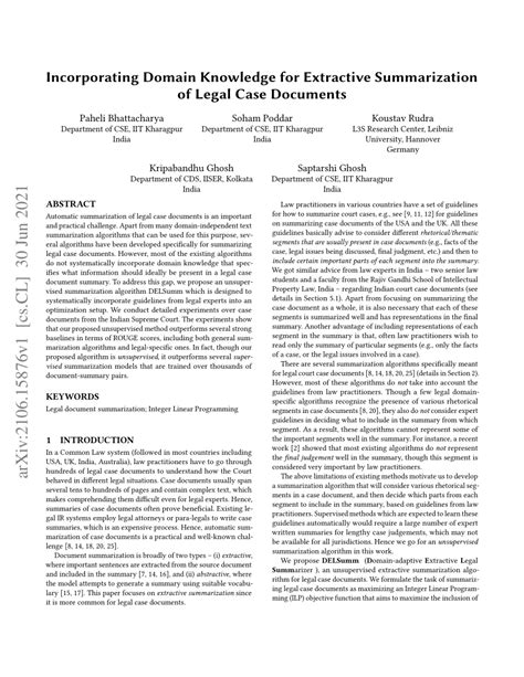 Pdf Incorporating Domain Knowledge For Extractive Summarization Of Legal Case Documents
