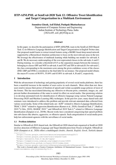Pdf Iitp Ainlpml At Semeval 2020 Task 12 Offensive Tweet Identification And Target