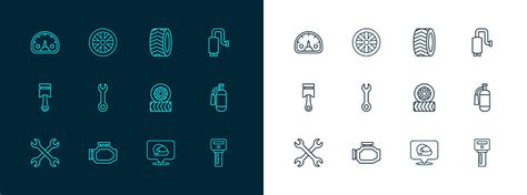 자동차 머플러 엔진 타이어 휠 레이싱 헬멧 렌치 스패너 속도계 및 자동차 아이콘에 대한 합금을 설정합니다 벡터 경계 표지에 대한 스톡 벡터 아트 및 기타 이미지 Istock