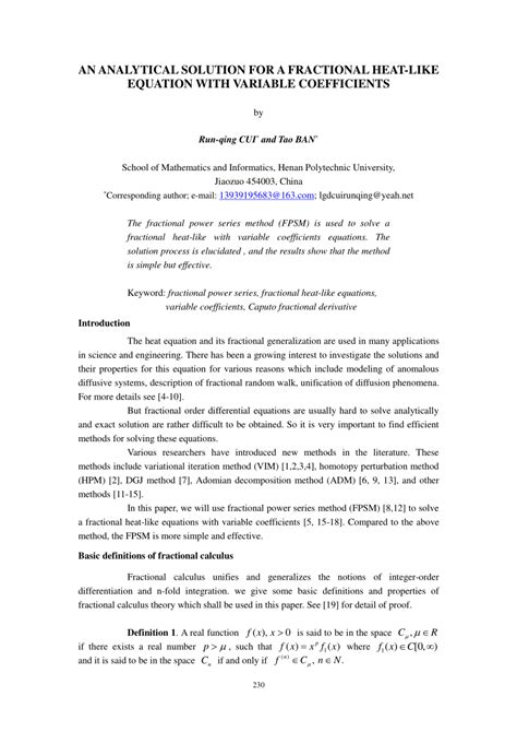 Pdf An Analytical Solution For A Fractional Heat Like Equation With Variable Coefficients