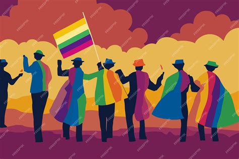 Lgbtq 프라이드 레인보우 퍼레이드 플래그에 대한 관용을 표현하는 사람들 프리미엄 벡터