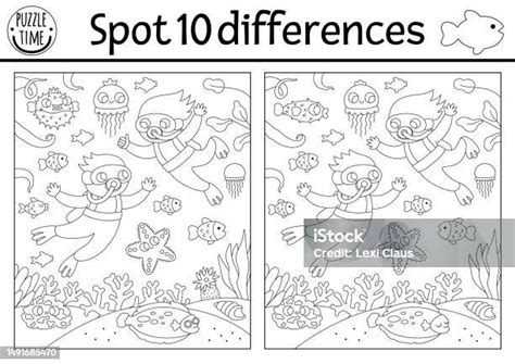 아이들을위한 차이점 찾기 게임 귀여운 다이버 넙치 바다 풍경과 함께 하는 흑인과 백인 교육 활동 보트를 타고 있는 아이들을 위한