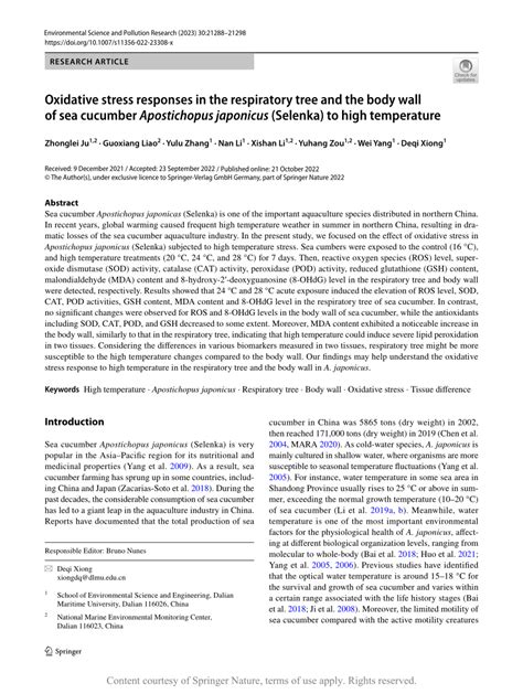 Oxidative Stress Responses In The Respiratory Tree And The Body Wall Of Sea Cucumber