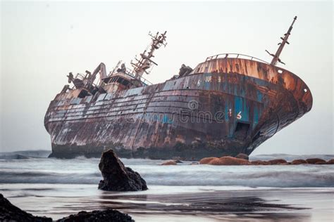 Beautiful Shot Of A Historic Dirty Old Ship After A Shipwreck On A Seashore Stock Image Image