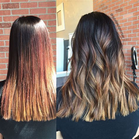 Balayage Transformation Before And After High Contrast Balayage Dark