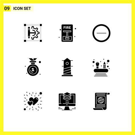 9 Universal Solid Glyphs Set For Web And Mobile Applications Lighthouse Medal Fire Emblem Award