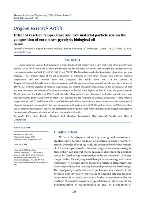 Pdf Effect Of Reaction Temperature And Raw Material Particle Size On The Composition Of Corn