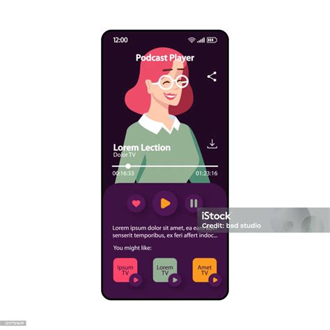 팟 캐스트 플레이어 스마트 폰 인터페이스 벡터 템플릿 모바일 앱 페이지 흑백 디자인 레이아웃입니다 변색 화면 응용 프로그램에 대한 평면 Ui 외국어 학습 음악 플레이어 전화