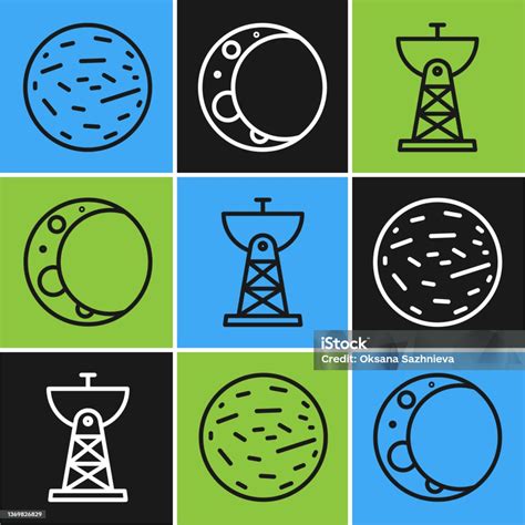 세트 라인 행성 화성 위성 접시와 달 아이콘 벡터 0명에 대한 스톡 벡터 아트 및 기타 이미지 0명 과학 그릇 Istock