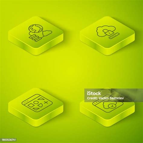 아이소메트릭 라인 클라우드 컴퓨팅 잠금 다른 파일 기술 데이터 전송 및 네트워크 클라우드 연결 아이콘을 설정합니다 벡터 3차원 형태에 대한 스톡 벡터 아트 및 기타 이미지