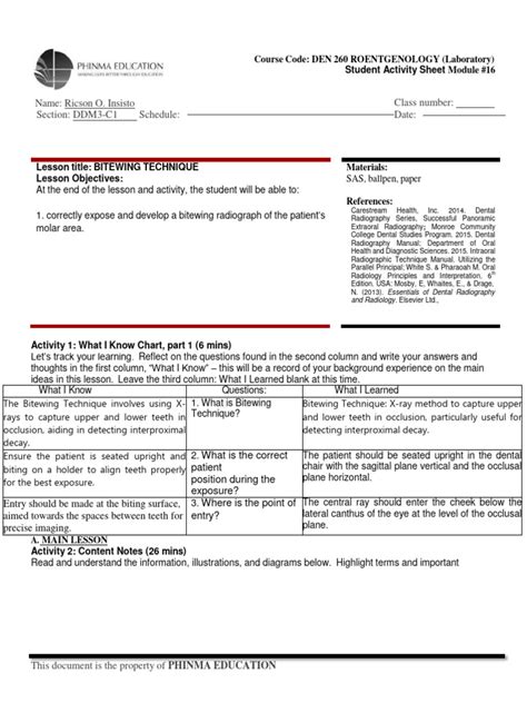 Sas Den260 Roent Lab Module16 Bitewing Technique Pdf Radiography Dentistry