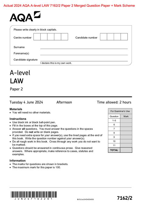 Actual 2024 Aqa A Level Law 7162 2 Paper 2 Merged Question Paper Mark Scheme Actual 2024 Aqa A