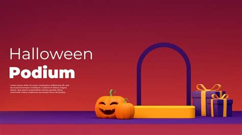 3d рендеринг макет желтого подиума хэллоуин светится красной сценой в пейзаже с тыквой и