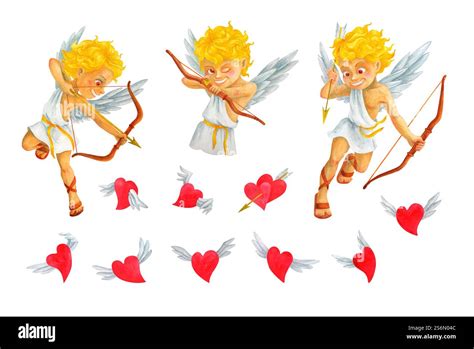 Cherub Cupid Angel Of Love Shooting An Arrow From Bow Winged Hearts