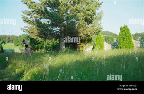 A Man Pushing Lawnmower Cutting Overgrown Grass At The Yard Static Shot Stock Video Footage Alamy