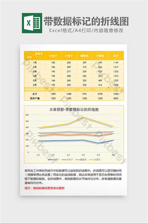 Yellow Three Dimensional Line Chart Excel Template With Data Markers