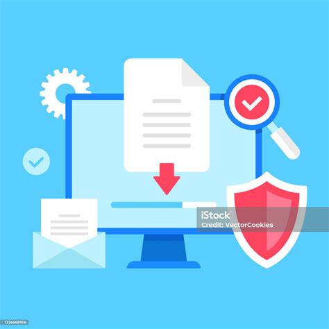 문서 다운로드 벡터 그림입니다 웹 사이트에서 문서를 다운로드 개념을 업로드 화면에 파일 및 아래쪽 화살표 기호가있는 컴퓨터