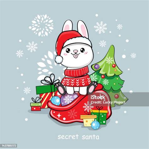 메리 크리스마스와 새해 복 많이 받으세요 산타 클로스 모자에 작은 토끼와 함께 카와이 스타일의 벡터 그림입니다 중국 기호 2023 2023년에 대한 스톡 벡터 아트 및 기타