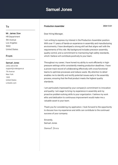 18 Assembler Cover Letter Samples And Examples 2025 Resumedesign Ai