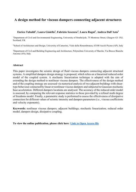 Pdf A Design Method For Viscous Dampers Connecting Adjacent Structures