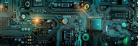 Vivid Computer Circuit Board Captured In Blue And Green Neon Colors Showcasing Intricate Vivid Computer Circuit Board Captured In Blue And Green Neon Colors Showcasing Intricate
