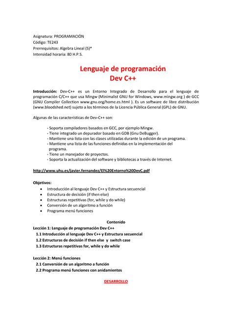 0202 Lenguaje De Programacion Dev C Asignatura ProgramaciÓn Código Te Prerrequisitos