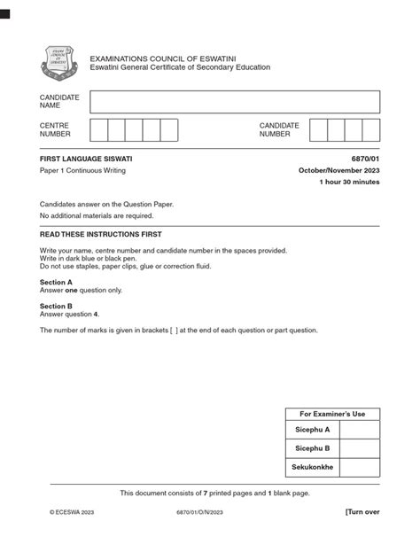 Egcse First Language Siswati 2023 Question Paper 1 Pdf Intellectual