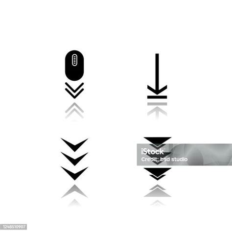 아래로 스크롤하고 업로드 표시기그림자 검은 색 글리프 아이콘 세트를 삭제합니다 컴퓨터 마우스와 화살촉 스크롤 다운 제스처 웹 사이트 페이지 커서 공백에 대한 격리된 벡터