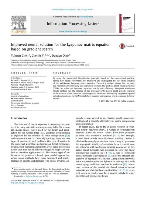 pdf improved neural solution for the lyapunov matrix equation based