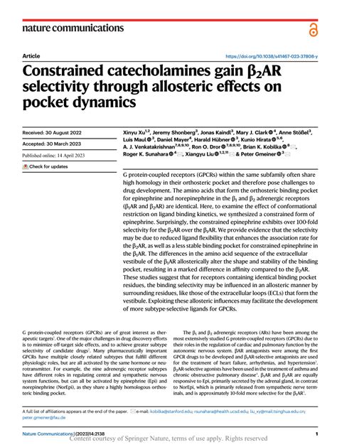 Pdf Constrained Catecholamines Gain β2ar Selectivity Through Allosteric Effects On Pocket Dynamics