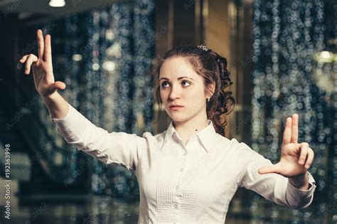 Babe Girl Working With A Virtual Touchpad On The Screen Business Woman Interacts With The