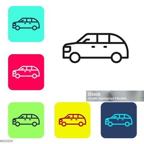 흰색 배경에 격리 된 검은 줄 해치백 자동차 아이콘 색상 정사각형 단추로 아이콘을 설정합니다 벡터 Brand Name Domestic Car에 대한 스톡 벡터 아트 및 기타