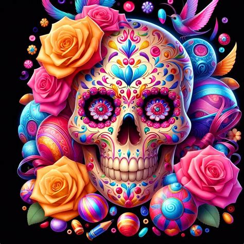 Sugar Skull 💀 And Flowers Digital Art Design Colorful Sugar Skull Art