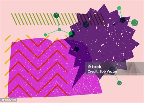 말풍선과 다채로운 기하학적 모양으로 책 트렌디한 리소 그래프 디자인의 교육용 오브제 기하학 요소 추상 리소그래프 인쇄 질감 스타일 추상적인에 대한 스톡 벡터 아트 및 기타