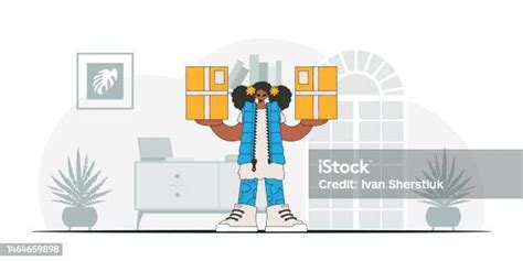 사랑스러운 여자가 상자를 들고 있다 배송 및 화물 배송의 시각적 표현 가상현실에 대한 스톡 벡터 아트 및 기타 이미지 가상