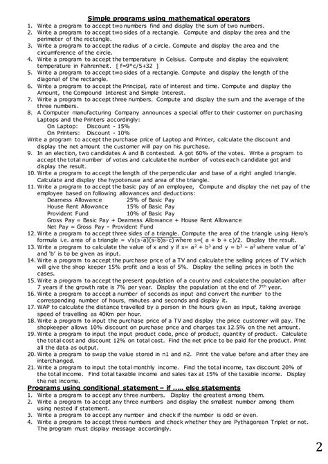 List Of Programs To Practice For Icse Docx