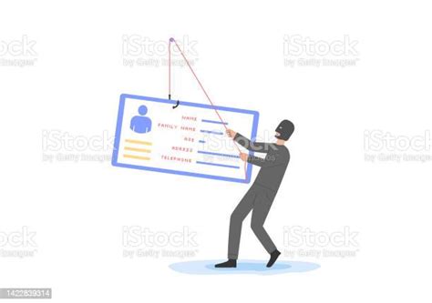 해커 공격 및 사이버 범죄자 피싱 개인 데이터 훔치기 사용자 로그인 암호 문서 및 이메일 해킹 피싱 및 사기 만화 개요 선형 플랫 스타일 벡터 일러스트 레이 션 가상현실에