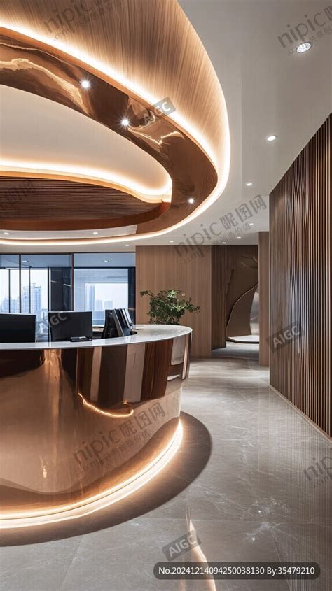 Ai创作图弧形前台 大气前台 前台装修设计 前台总台装饰设计 个性前台 接待台设计 企业前台设计 科技感前台 木饰面灯光效果 木纹前台设计 前台效果 律师事务所金融酒店 售楼处财务室 售楼中心