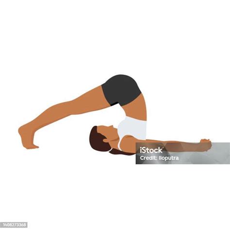쟁기 포즈 할라사나 운동을하는 여자 흰색 배경에 격리된 플랫 벡터 일러스트 레이 션 보살핌에 대한 스톡 벡터 아트 및 기타