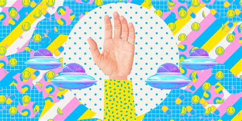 현대 디지털 콜라주 아트 현대적인 트리피 디자인 창조적 인 추상적 인 배경에 재미 있는 손과 비행 접시 디자인에 대한 스톡 사진