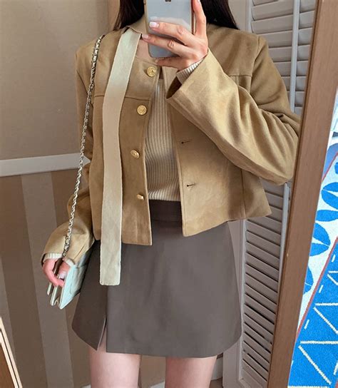 삐뽕언니 멜른 스웨이드 노카라자켓3color 라운드 버튼 긴팔 무광 어깨패드 포켓 절개 숏 크롭 하객 트위드 골드버튼 금장단추