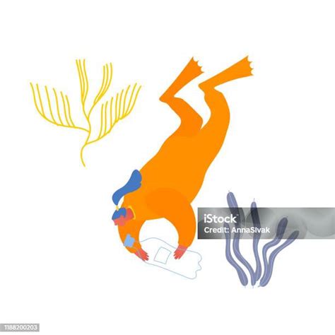 바다 물 개념의 플라스틱 오염 여자 자원 봉사 스쿠버 다이버 는 흰색 배경 만화 평면 벡터 일러스트에 고립 된 폐기물을 감소 지구 생태를 보호 바다 바닥에서 쓰레기를 수집