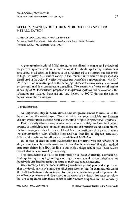 Pdf Defects In Sisio2 Structures Introduced By Sputter Metallization