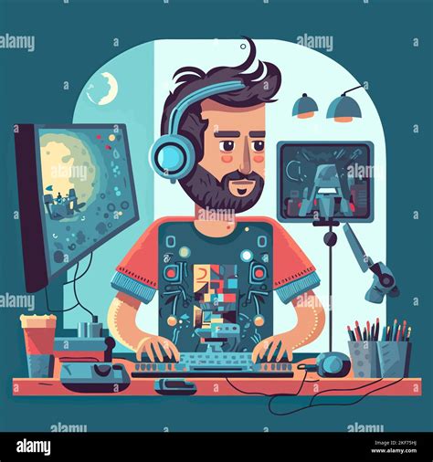 A Vector Illustration Of An Indie Game Developer At His Desk Stock