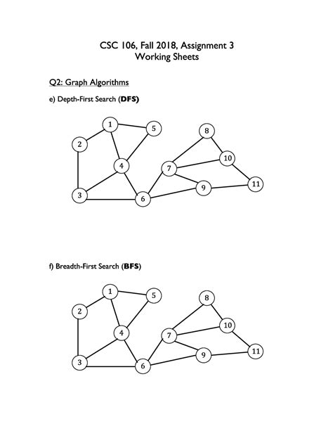 106 Assignment Csc 06 Fall 20l8 Assignment 3 Working Sheets Q2 Graph Algorithms E Depth